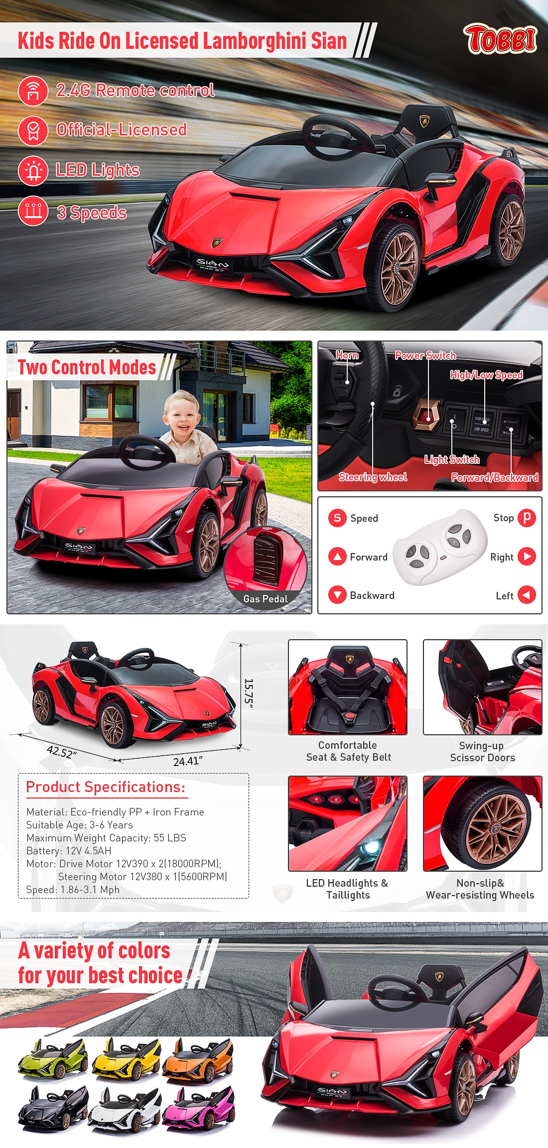 TOBBI Licensed Lamborghini Sian 12-Volt Kids Electric Ride On Car with ...